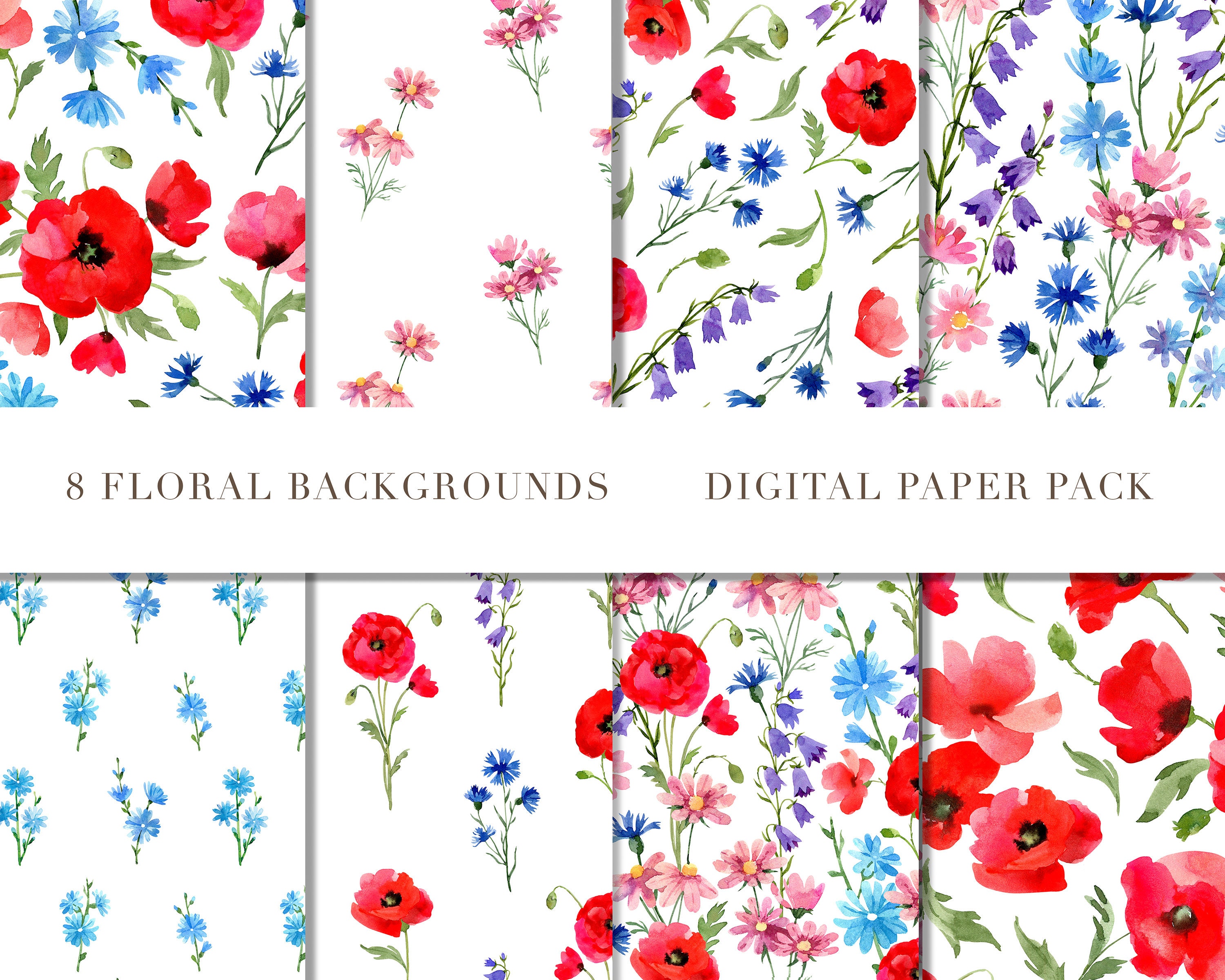 Watercolor Wild Flowers Digital Paper Pack Floral Scrapbooking Layout ...