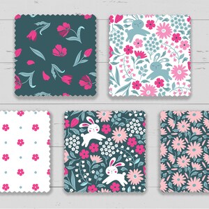 Bunny and Pink Flowers Digital Paper Set. Spring Floral Seamless ...