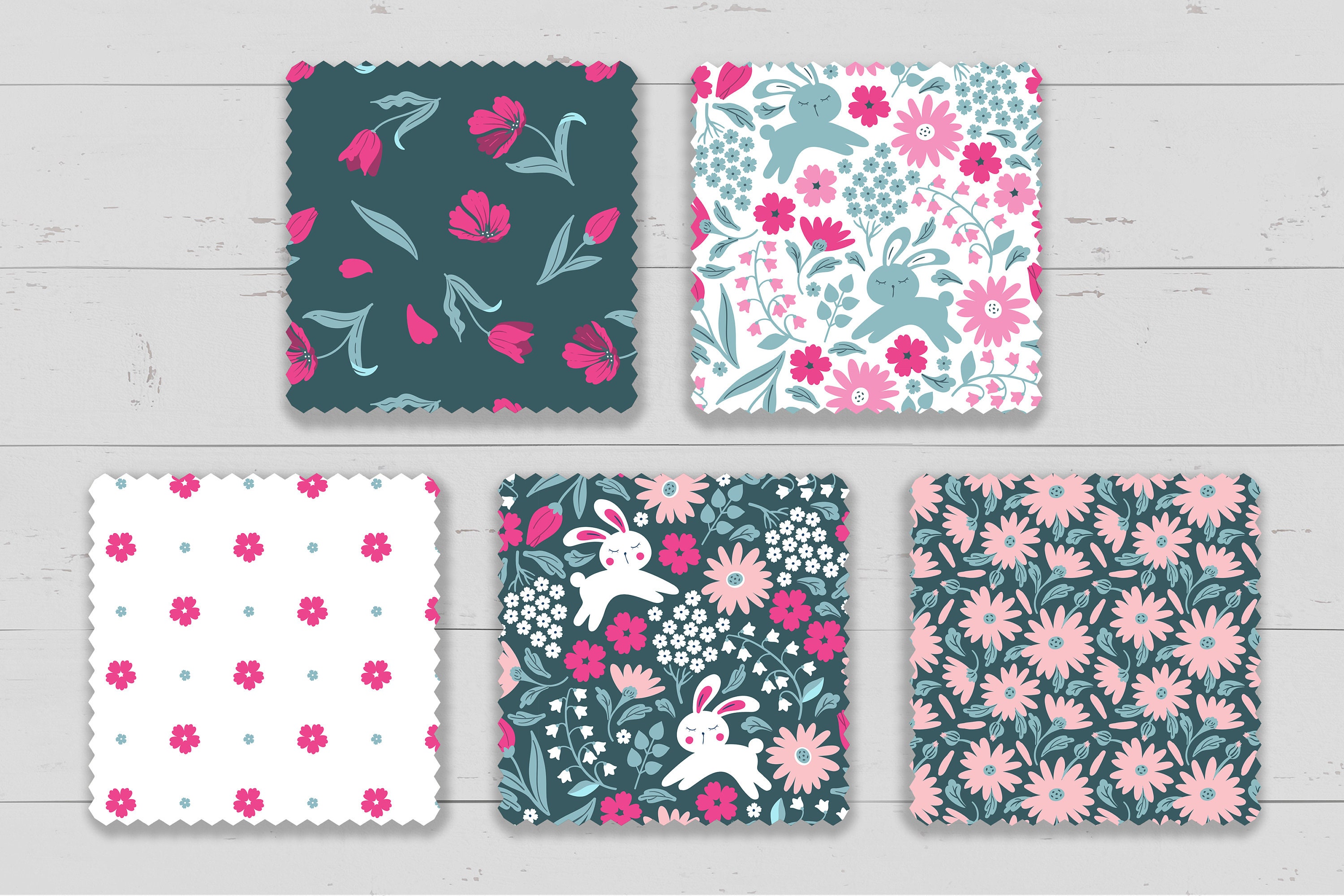 Bunny and Pink Flowers Digital Paper Set. Spring Floral Seamless ...