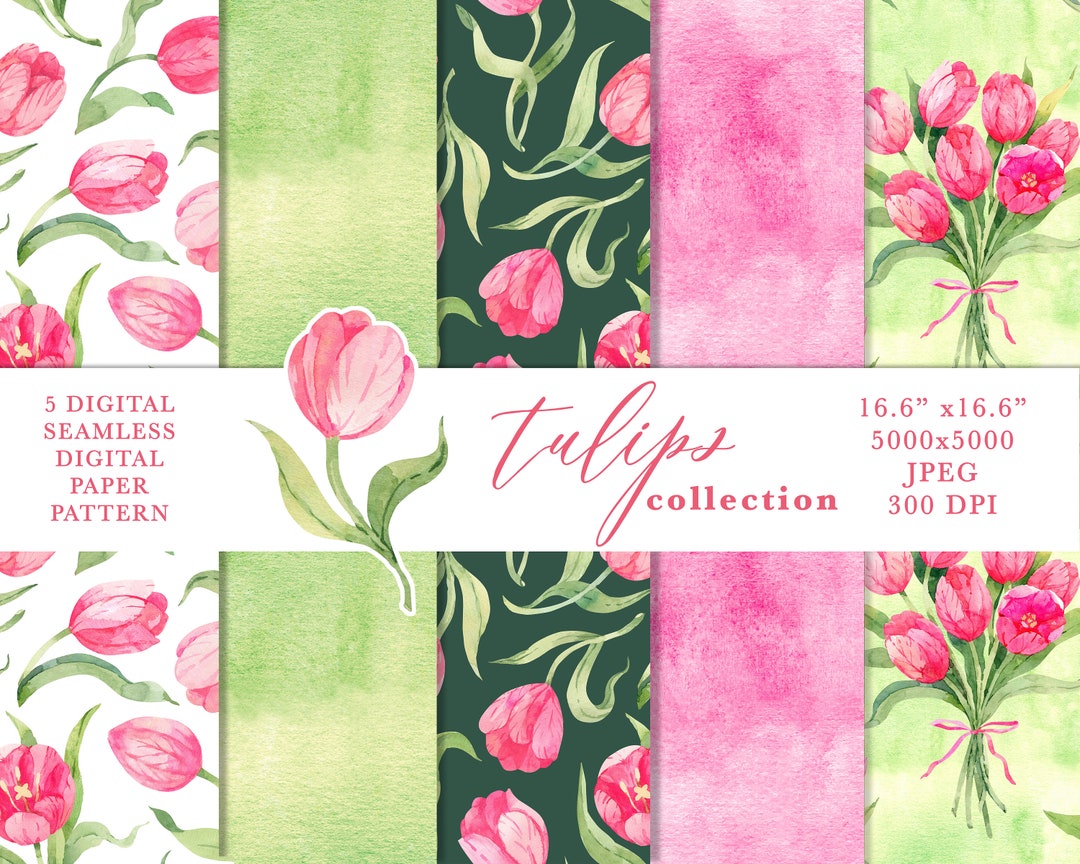 Spring Digital Paper Set. Floral JPEG. Tulips Seamless Pattern ...