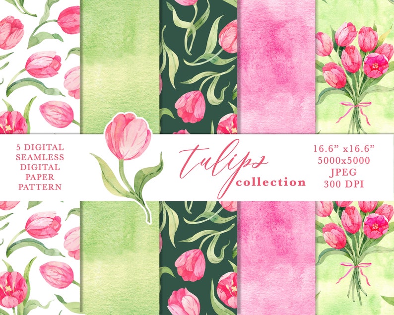 Spring Digital Paper Set. Floral JPEG. Tulips Seamless Pattern - Etsy