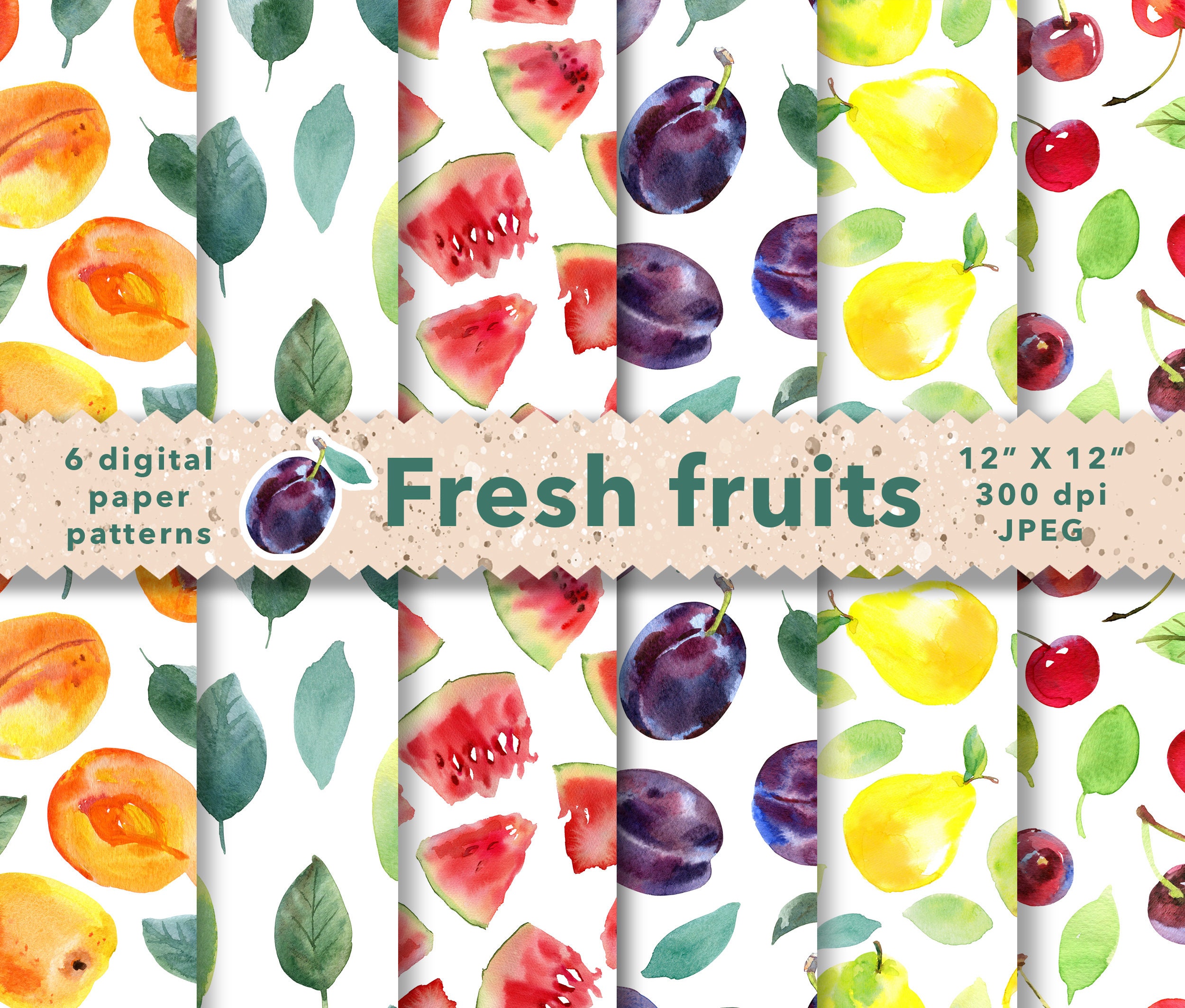 Watercolor Fruits Digital Paper Pack, Seamless Pattern, Scrapbooking ...