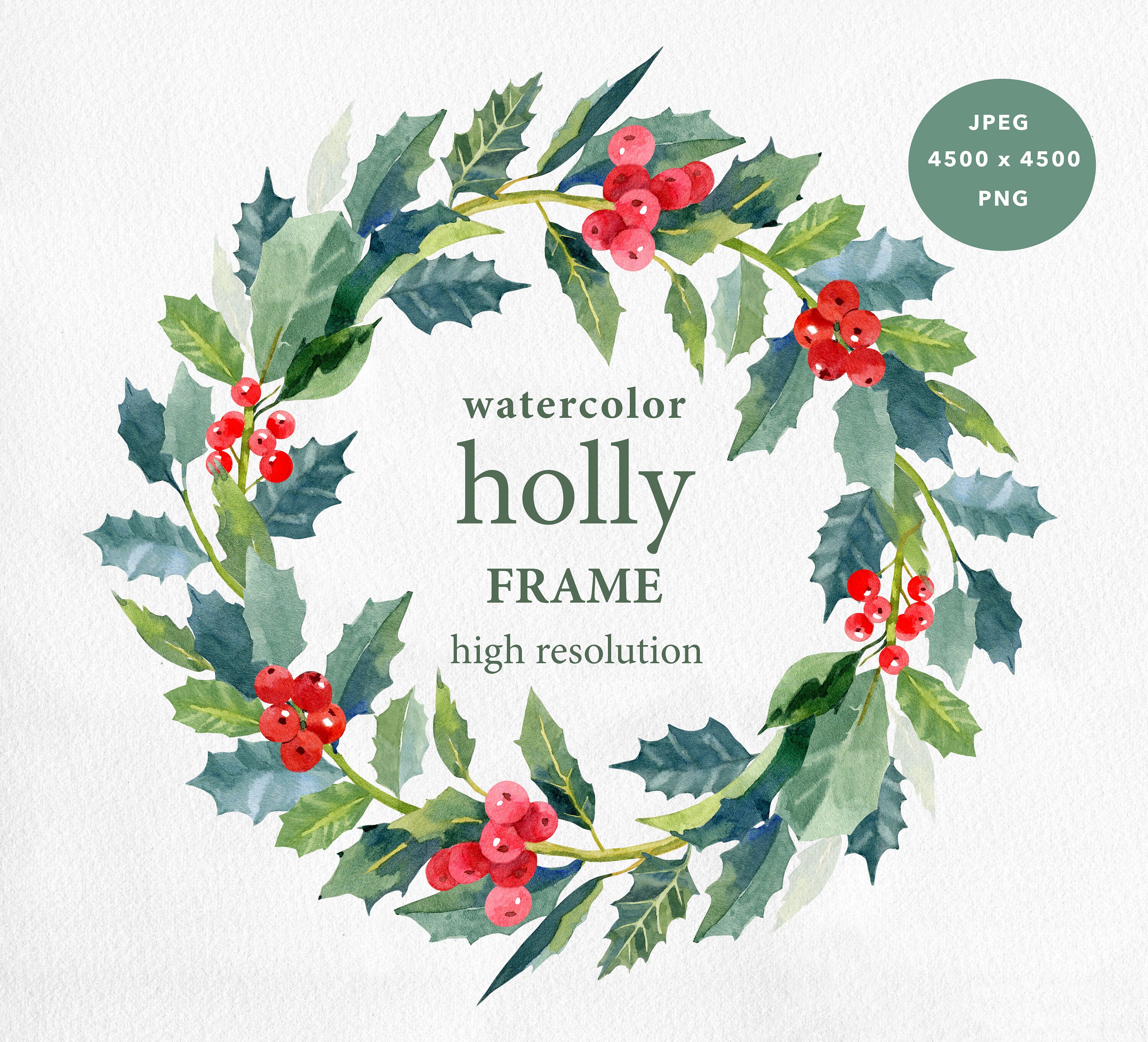 Green Holly Wreath Watercolor - Digital Clipart - Christmas Winter ...