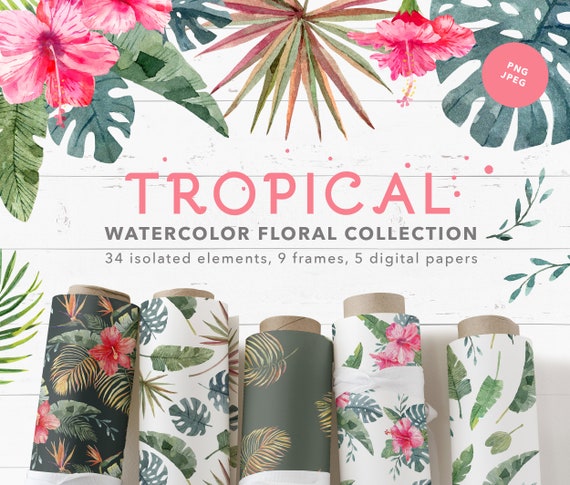 Tropical floral clipart collection. Watercolor Exotic Hawaii | Etsy