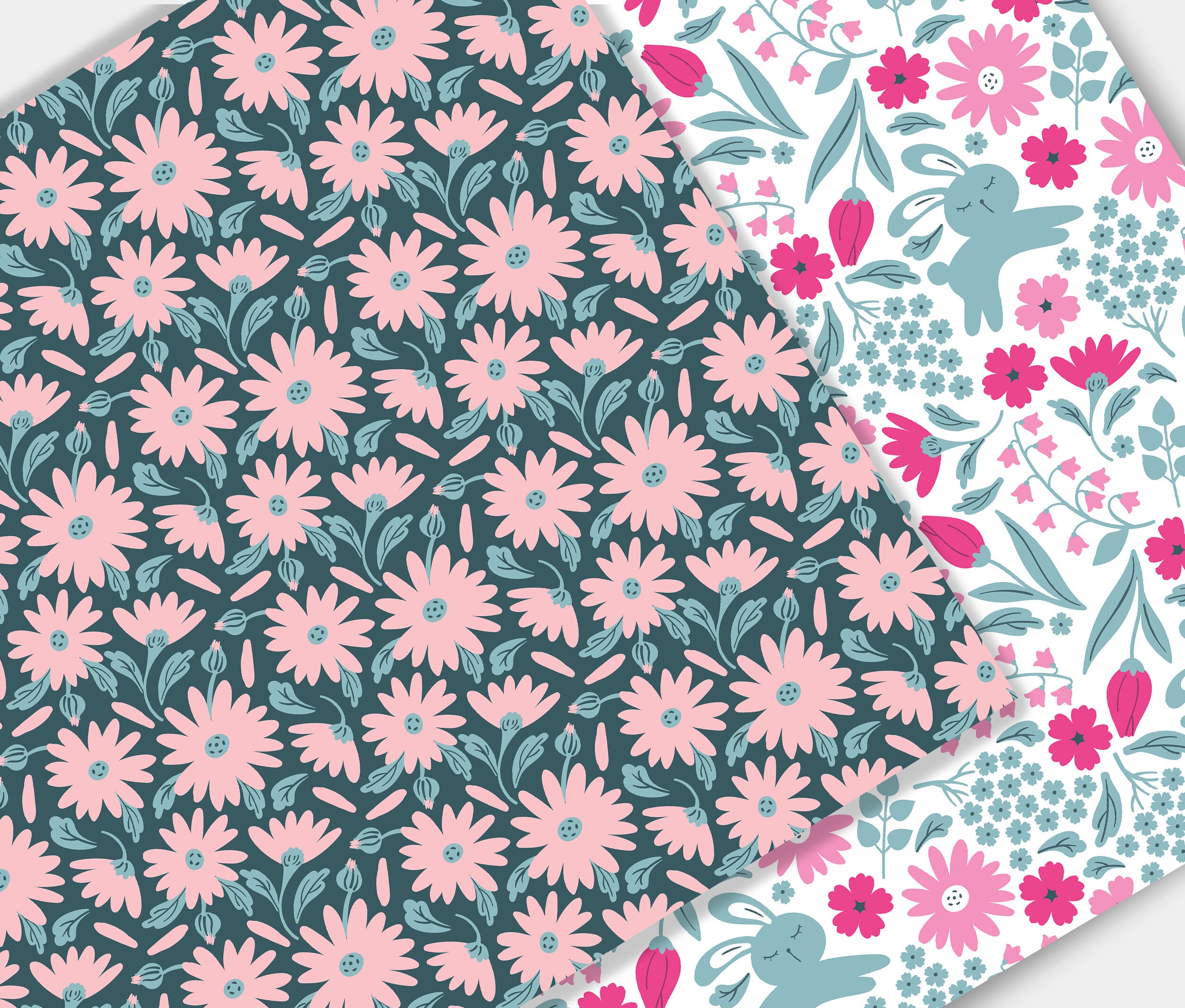 Bunny and Pink Flowers Digital Paper Set. Spring Floral Seamless ...