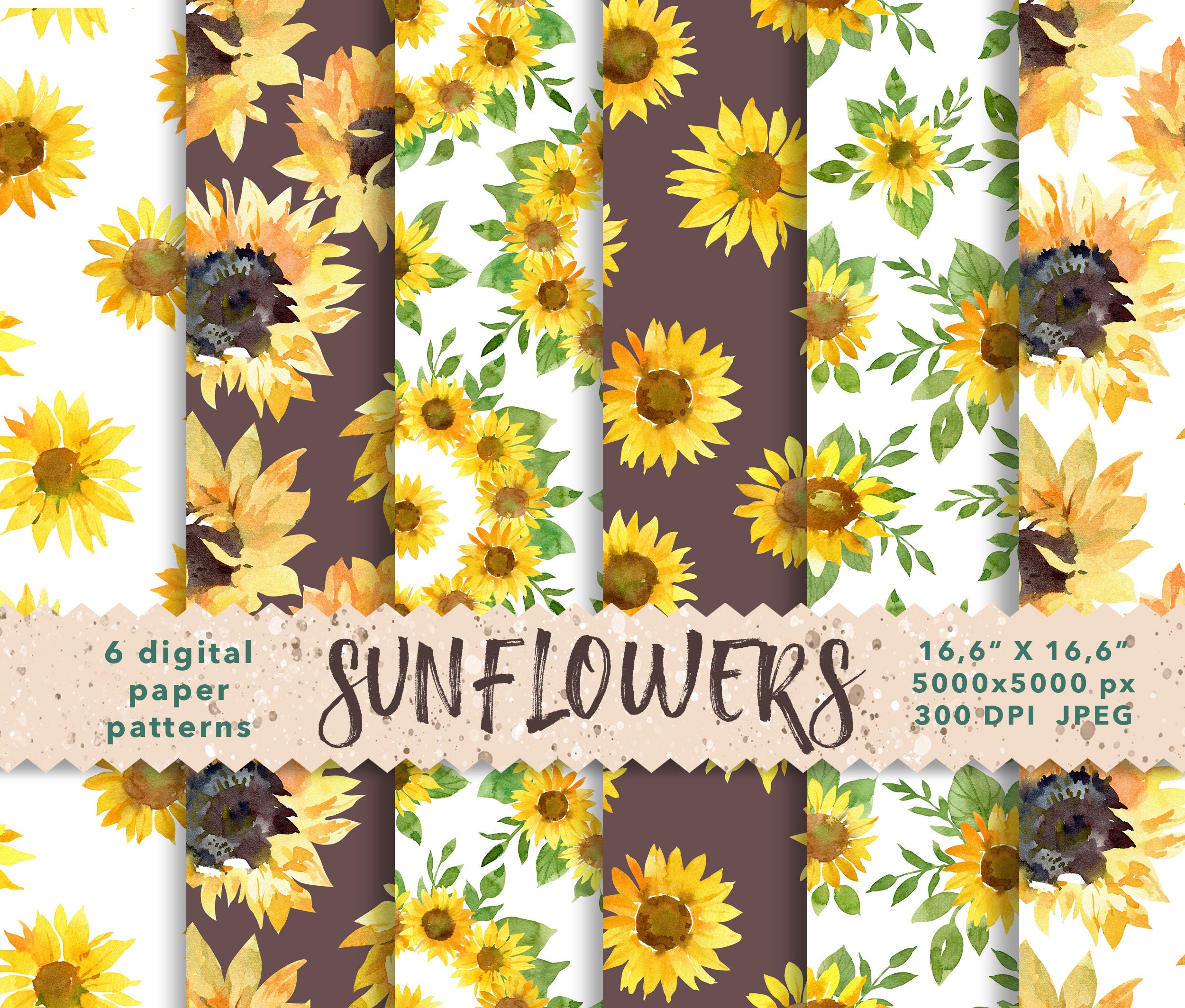 Sunflower Digital Paper Set. Yellow Flower Seamless Patterns Summer ...