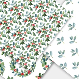 Winter Watercolor Christmas Digital Paper Seamless Patterns Set Leaf ...