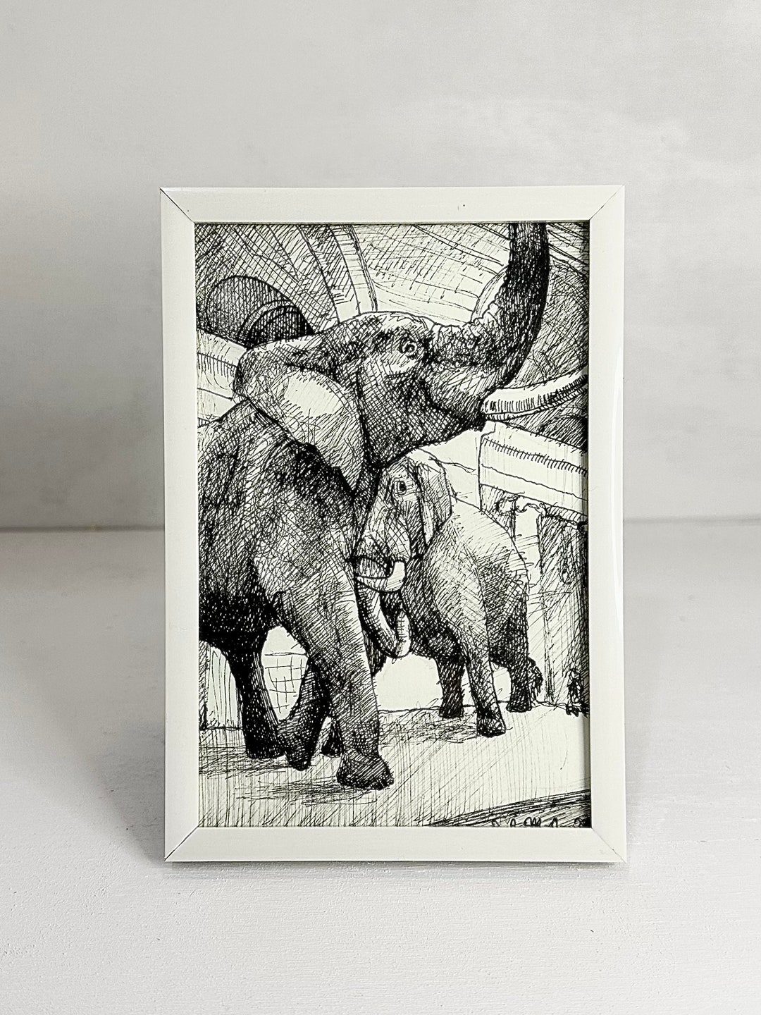 Framed Original Pen & Ink Drawing of Elephants - Etsy