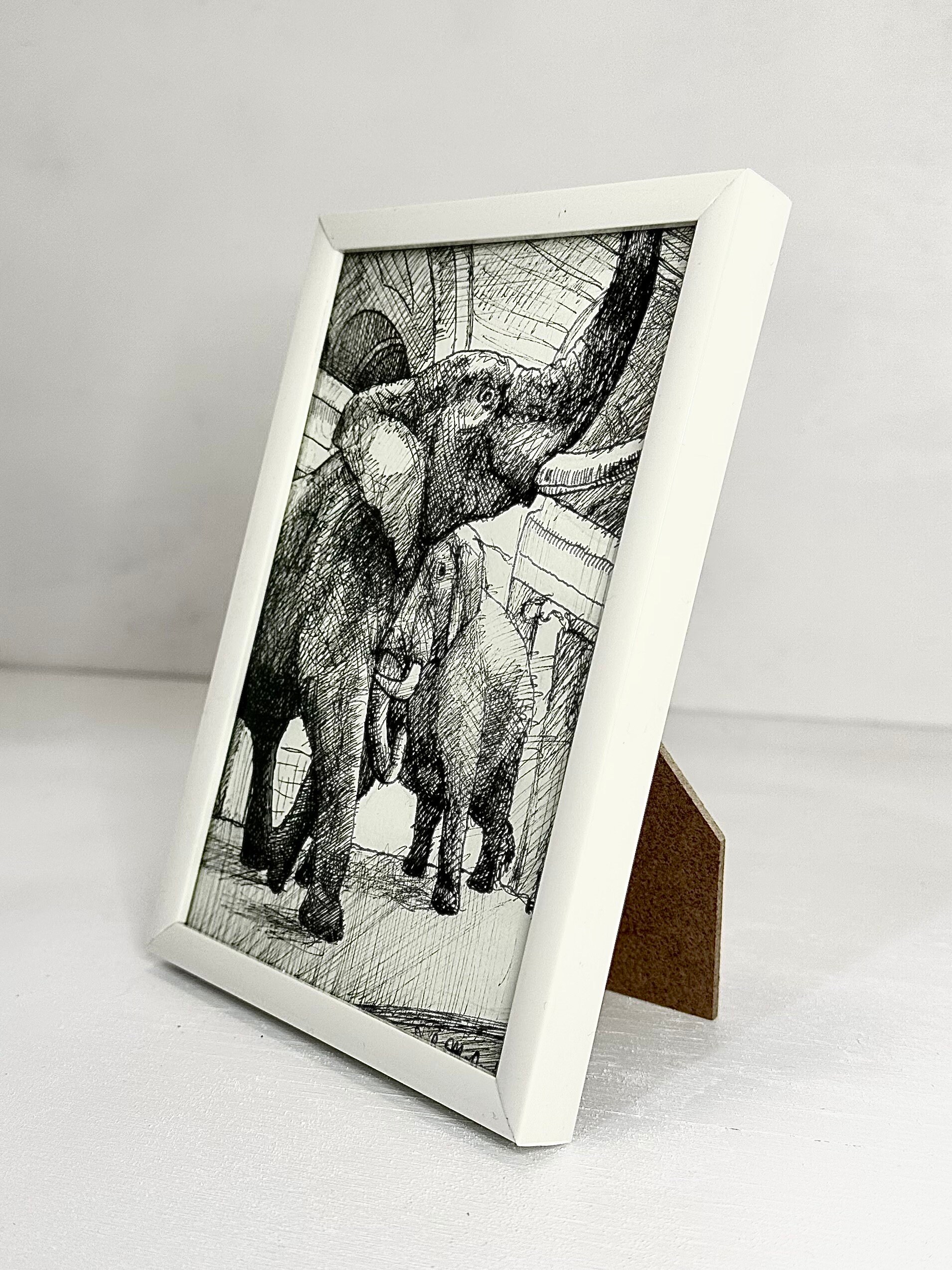 Framed Original Pen & Ink Drawing of Elephants - Etsy