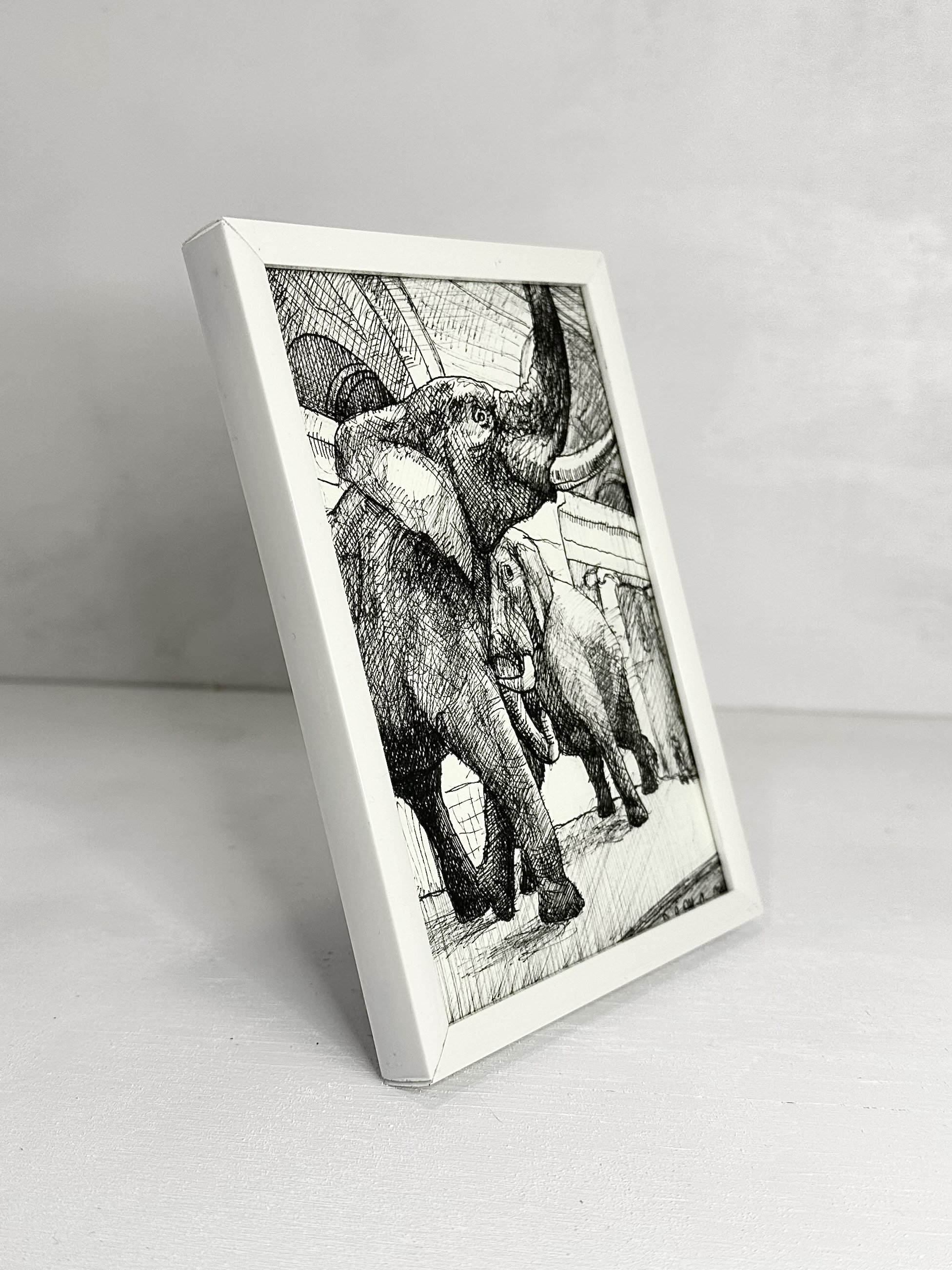 Framed Original Pen & Ink Drawing of Elephants - Etsy