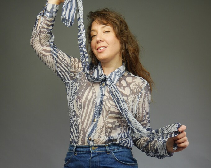 Sheer Silk Blouse Bow Toe Neck Vintage Blouse Abstract Print Long ...