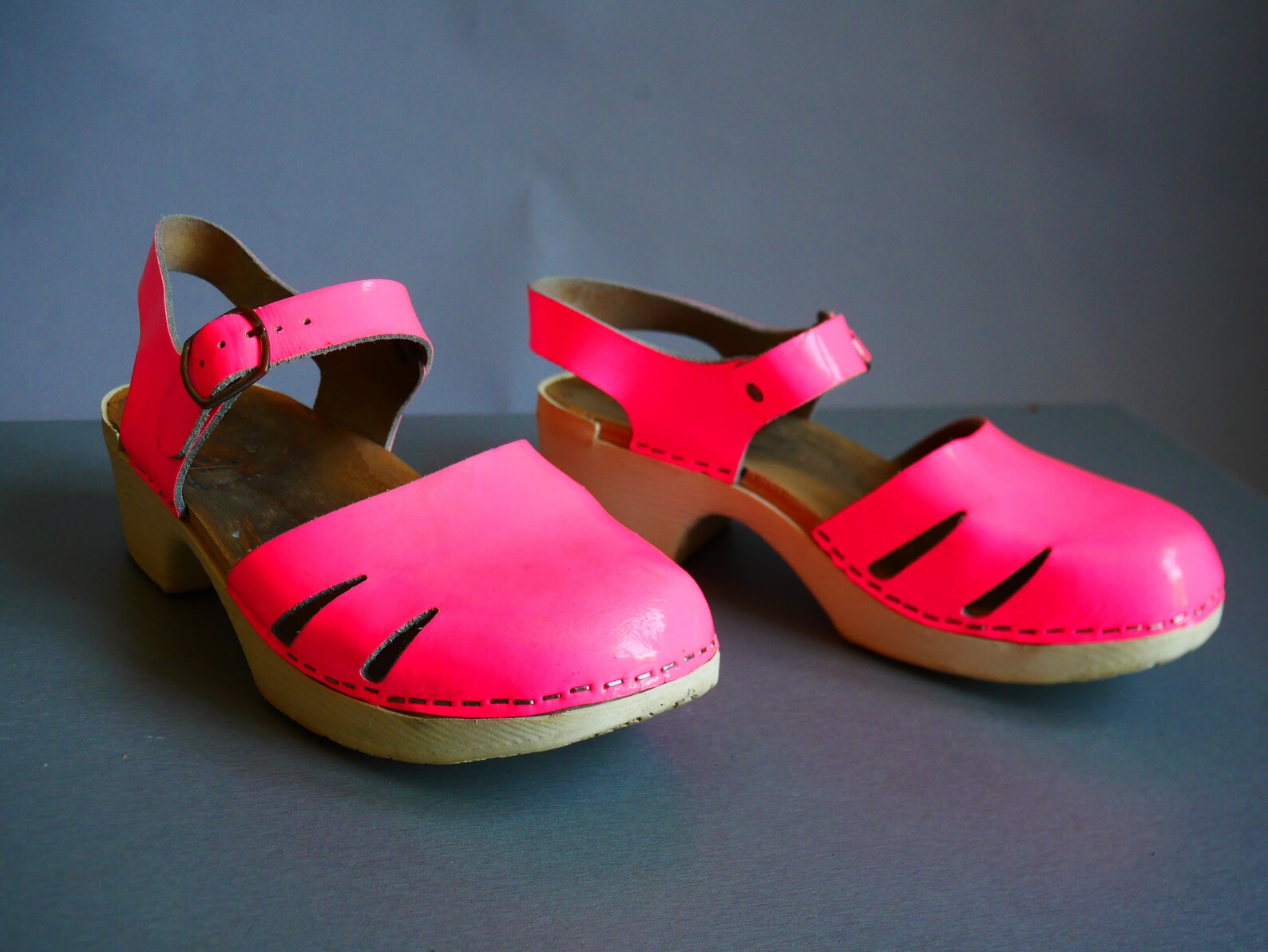 Neon PINK Leather wooden clogs sandals Rubber platform clogs | Etsy