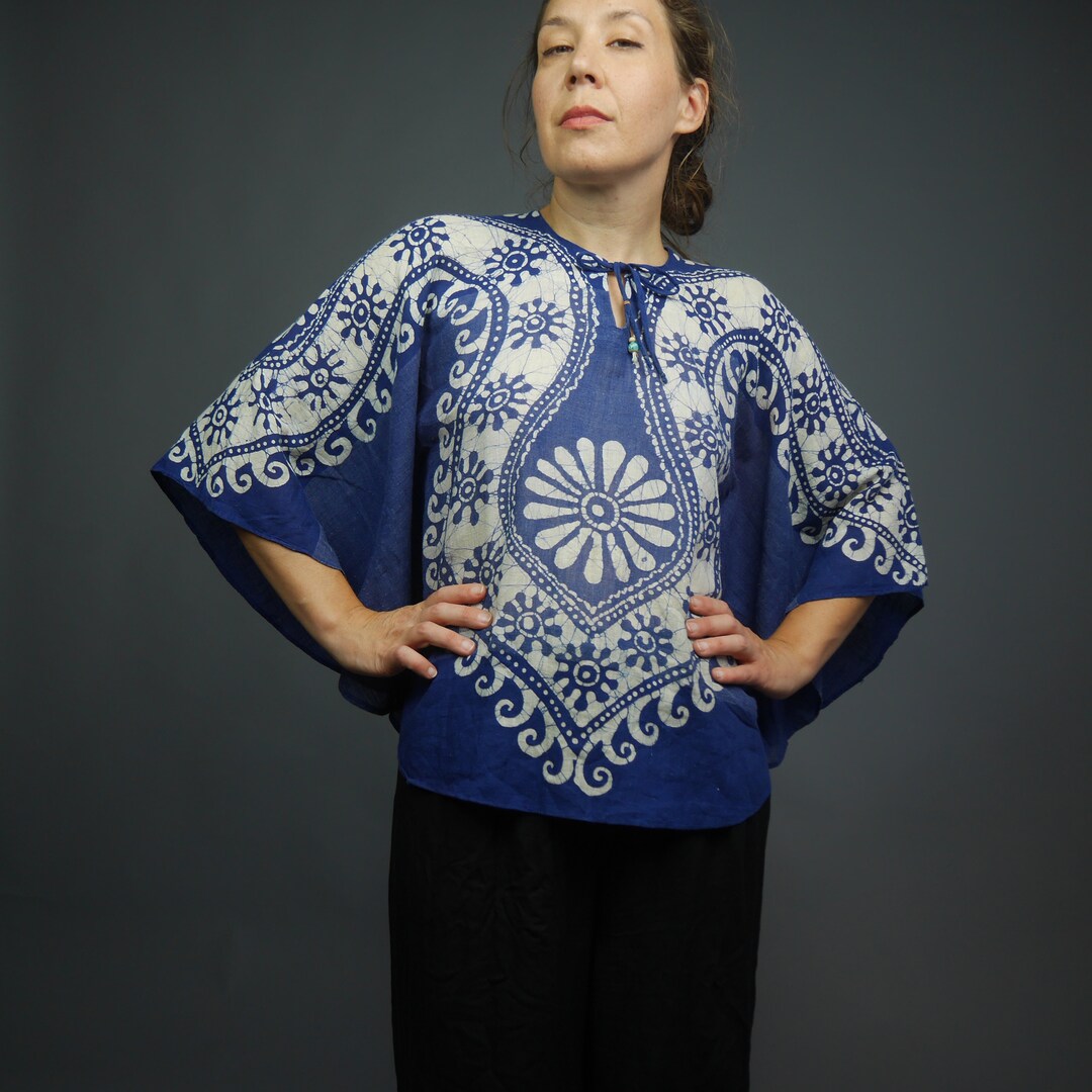 Blue White Flowy Top Butterfly Sleeves Gauzy Top Boho Hippie Blouse Tie ...