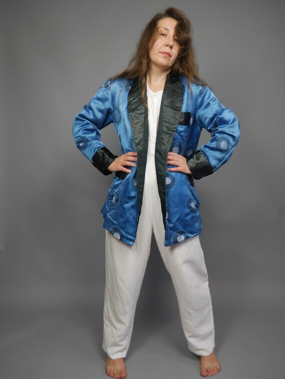 Blue black Chinese lounge robe Satin kimono Smoking j… - Gem