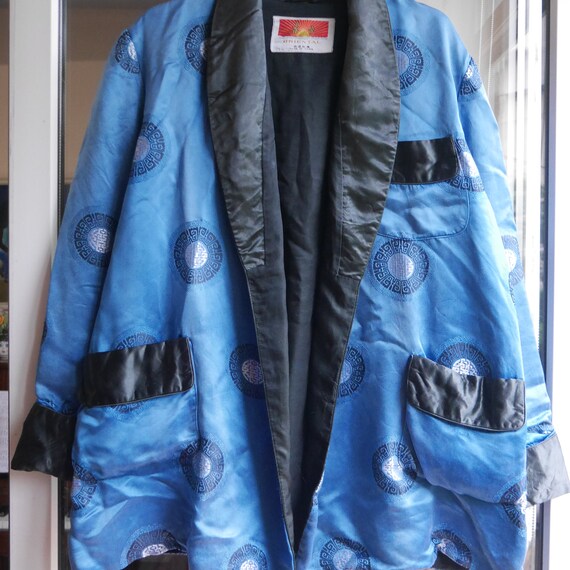 Blue black Chinese lounge robe Satin kimono Smoking j… - Gem