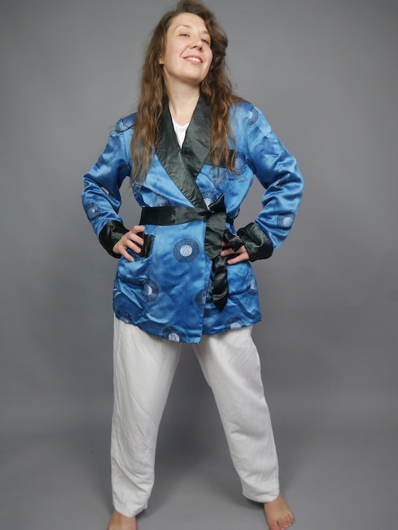 Blue black Chinese lounge robe Satin kimono Smoking j… - Gem
