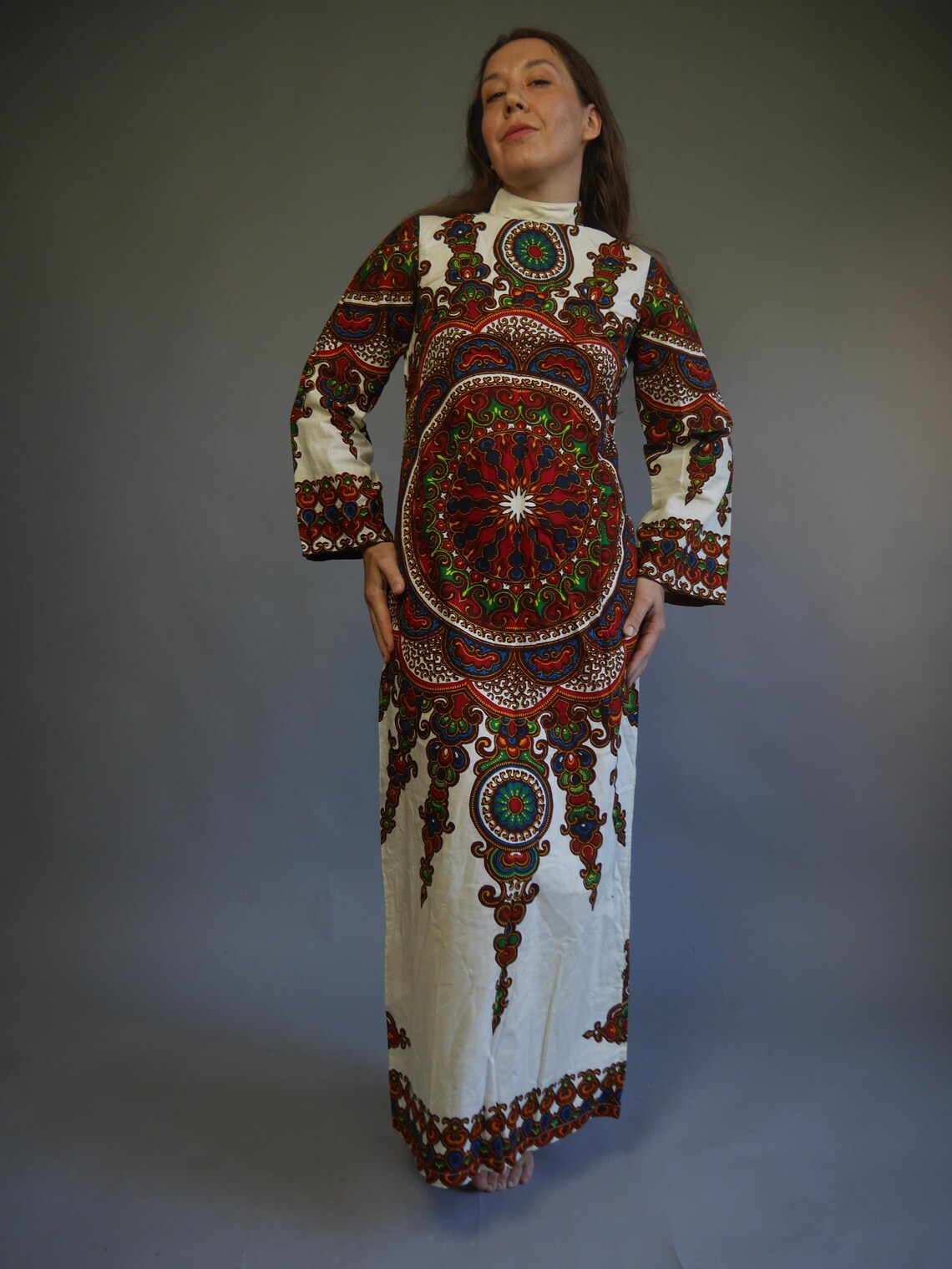 Indian Dashiki Print Caftan Dress 70s Ethnic Hippie Festival Dress ...
