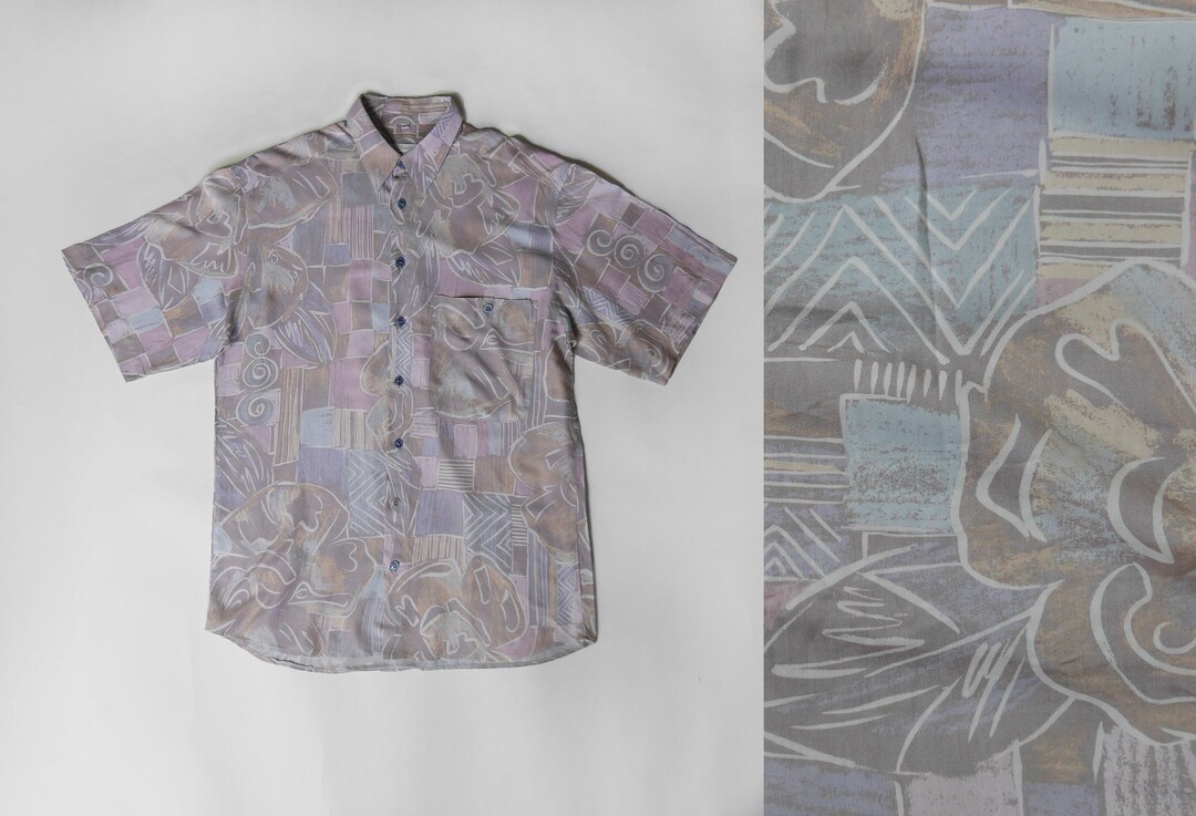 Light Pale Colors Abstract Print Men's Vintage 80's Shirt Short Sleeves ...