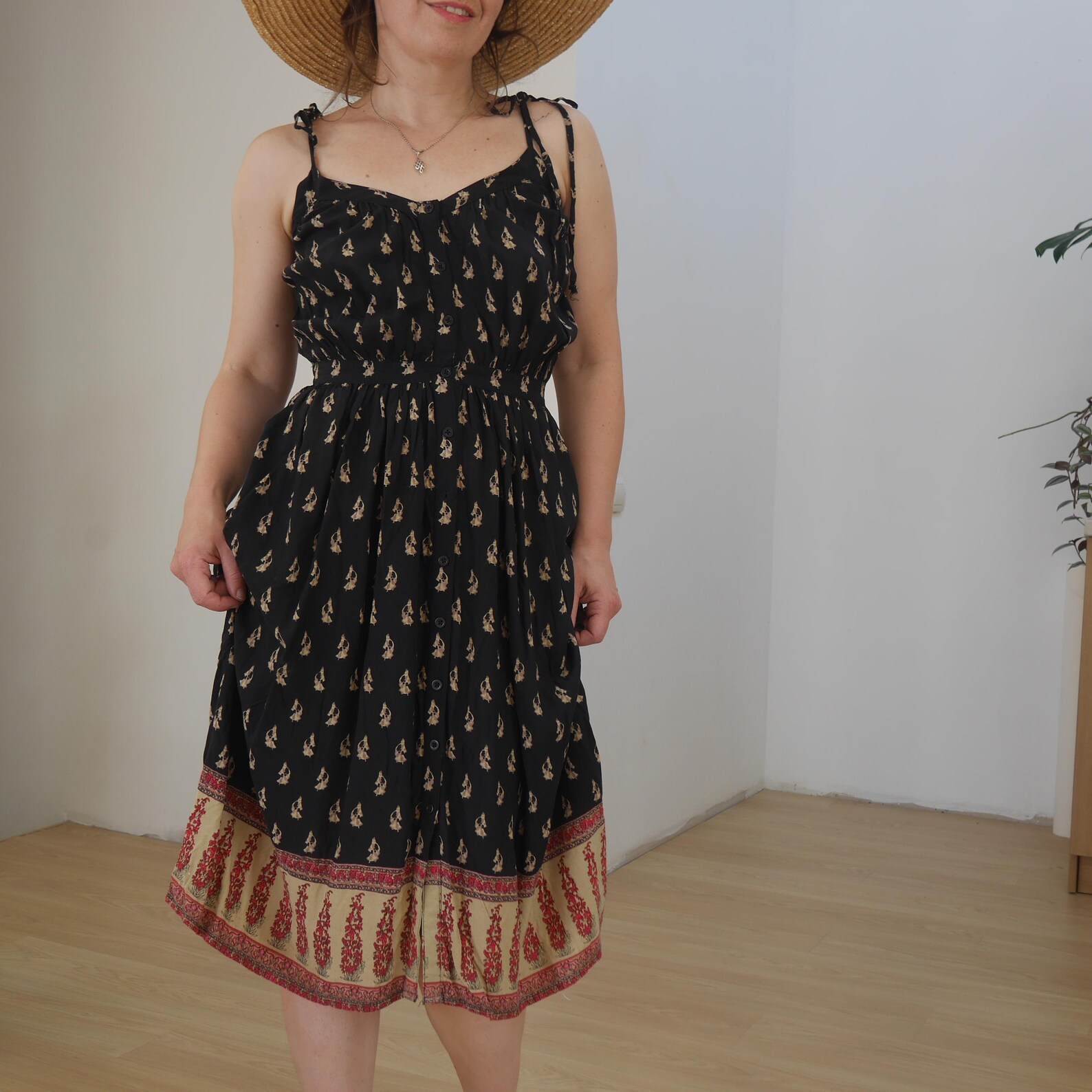 Black Sundress Peasant Country Dress Ethnic Border Print Summer Dress ...