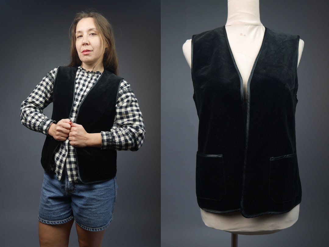 Black Velvet Vest Vintage 80s Fancy Open Front Waistcoat MEDIUM - Etsy