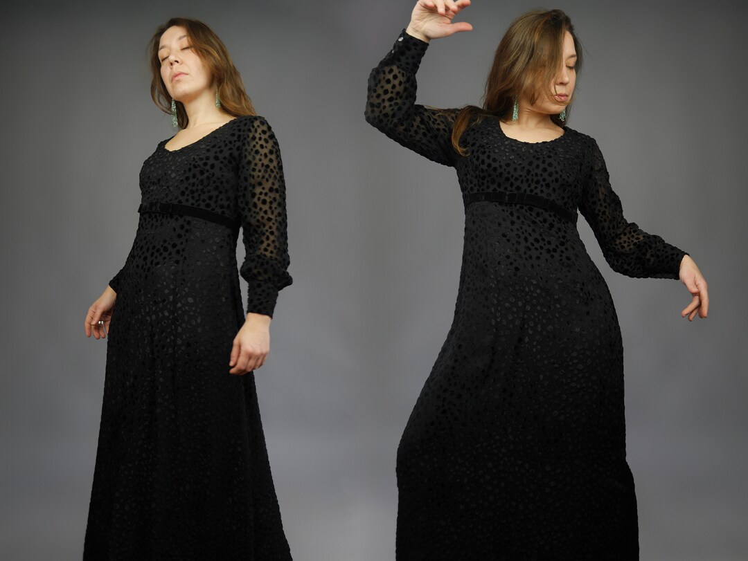 Black Maxi Devore Dress Event Burn Velvet Dress 70s Empire Waist Gothic ...