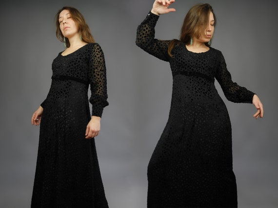 Black Maxi Devore Dress Event Burn Velvet Dress 70s Empire | Etsy