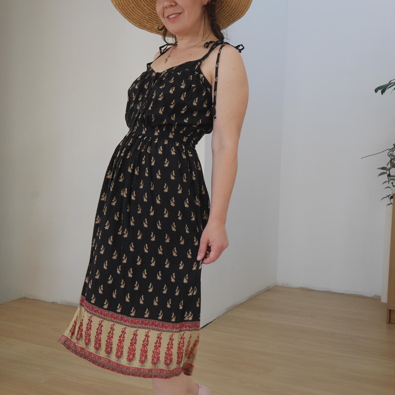 Black Sundress Peasant Country Dress Ethnic Border Print Summer Dress ...