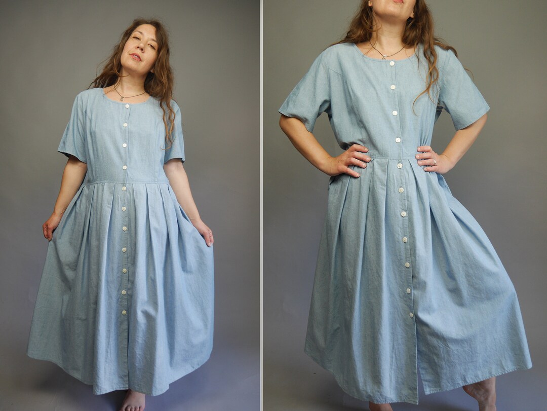 Blue Chambray Dirndl Dress Short Sleeve Buttons Front Full Maxi Skirt ...