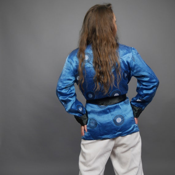 Blue black Chinese lounge robe Satin kimono Smoking j… - Gem