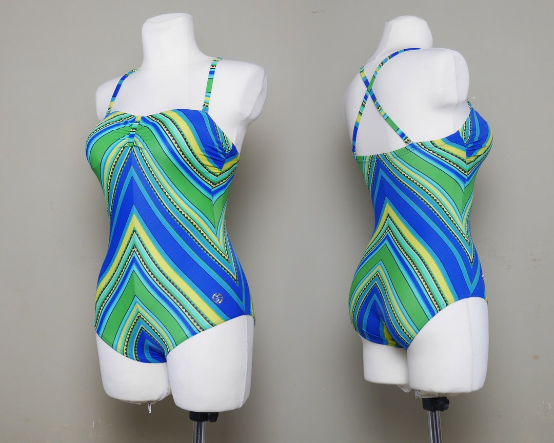 1990s Chevron Print Swimsuit Halter Top Green Blue Medium Retro 90s ...