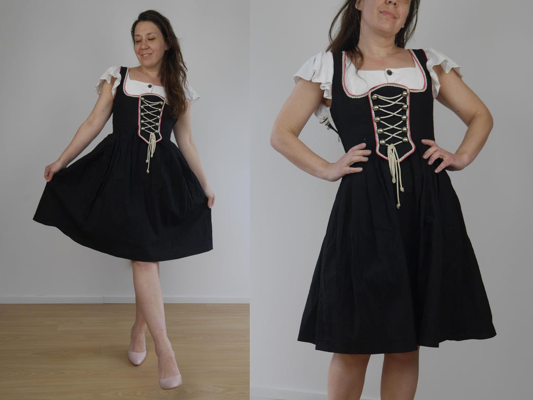 Black Dirndl Dress Front Lacing Full Skirt Bavarian Folk Dress Trachten ...