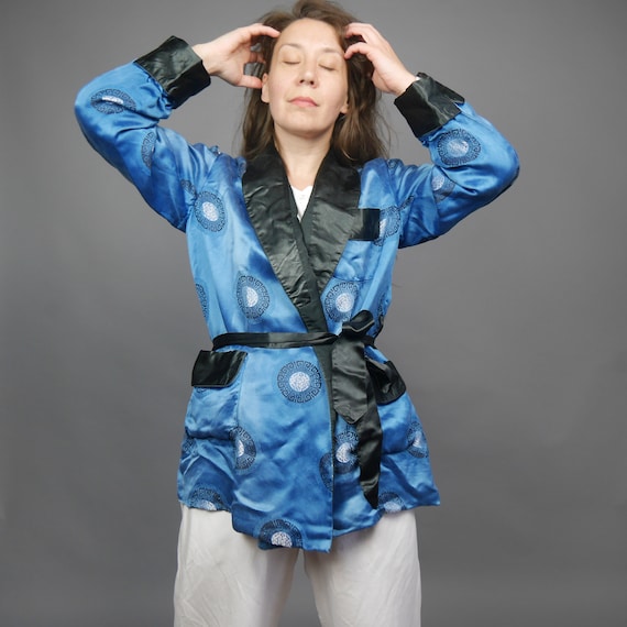 Blue black Chinese lounge robe Satin kimono Smoking j… - Gem