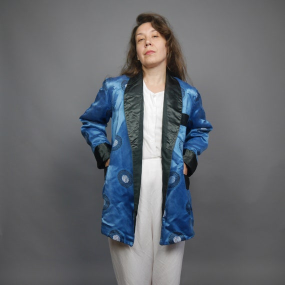 Blue black Chinese lounge robe Satin kimono Smoking j… - Gem