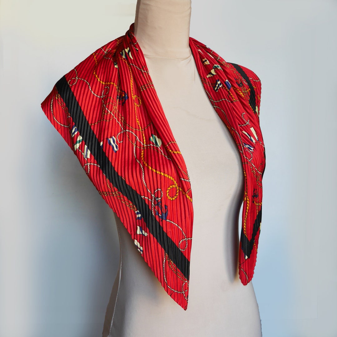 Classic RED Silky Scarf Nautical Print Accordion Pleats Square Neck ...