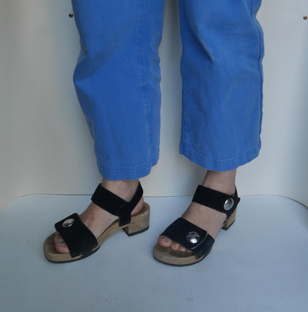 Black Leather Wooden Clogs Softclox Sandals Wide Strap Silver Buttons ...