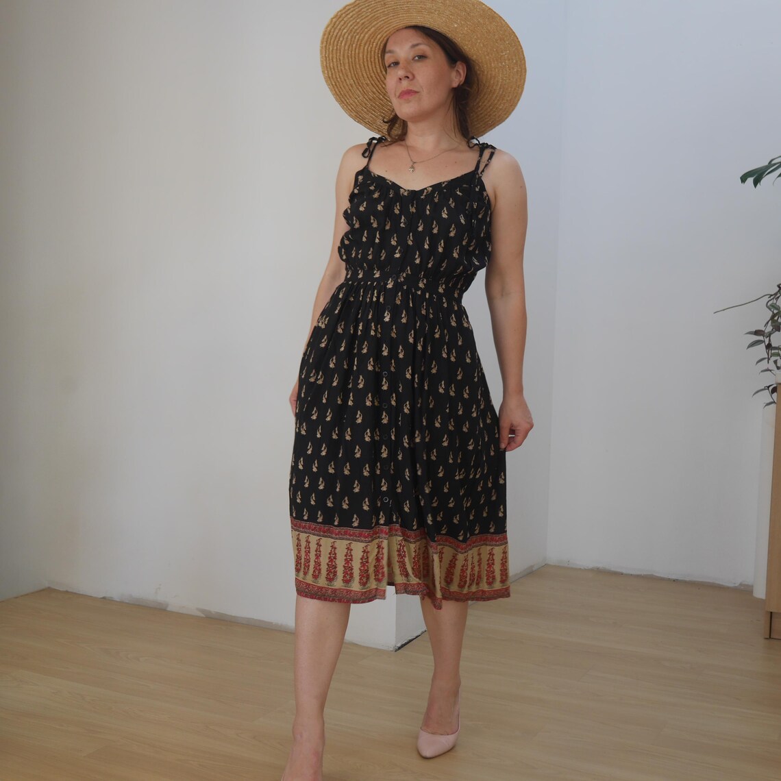 Black Sundress Peasant Country Dress Ethnic Border Print Summer Dress ...