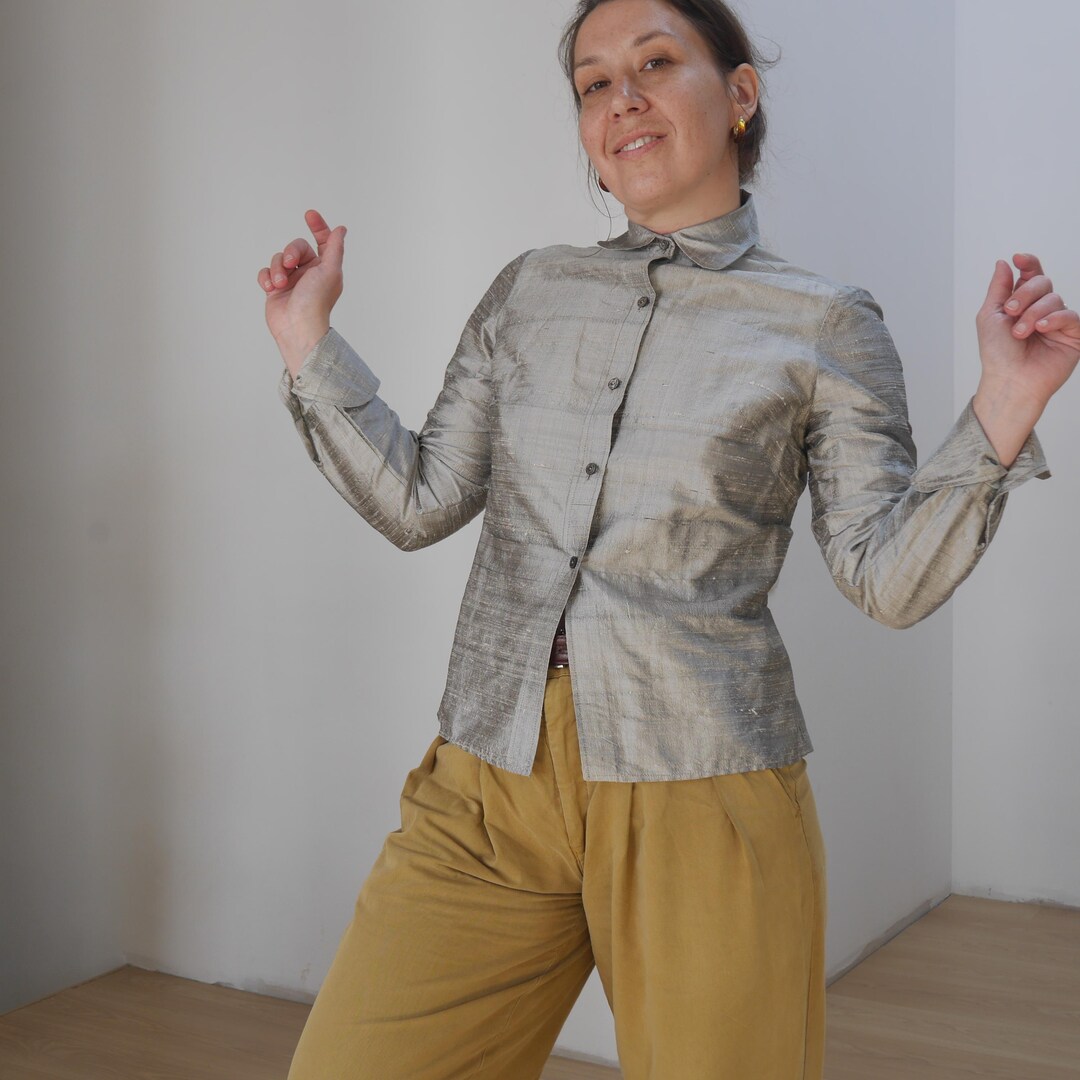 Silver Raw Silk Blouse Vintage Futuristic Style Glam Shirt 60s MEDIUM ...
