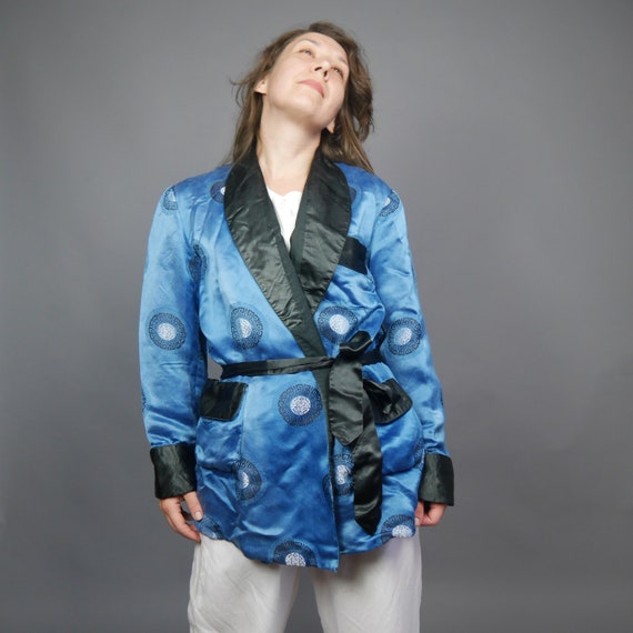 Blue black Chinese lounge robe Satin kimono Smoking j… - Gem