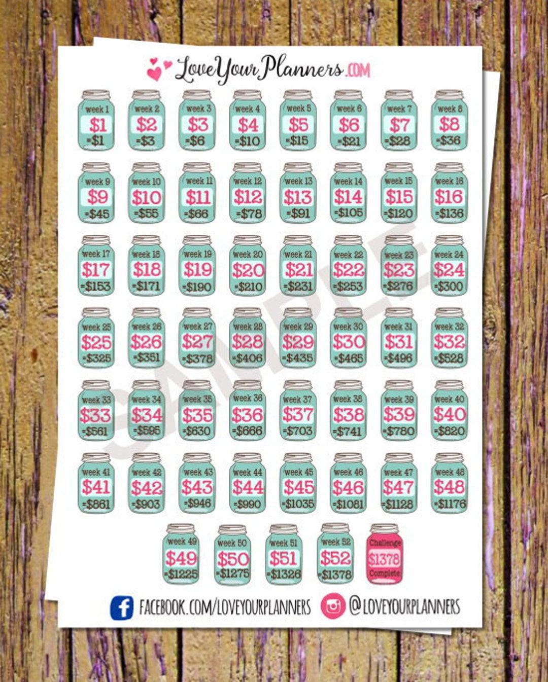 52 Week Savings Challenge Planner Stickers Savings Stickers Mason Jar ...