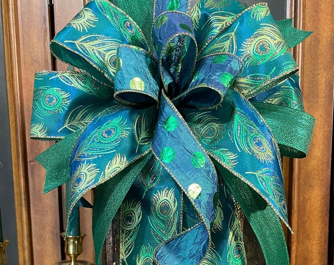 Peacock Wreath Bow, Peacock Bow, Blue Green Gold Peacock Bow, Bows for ...