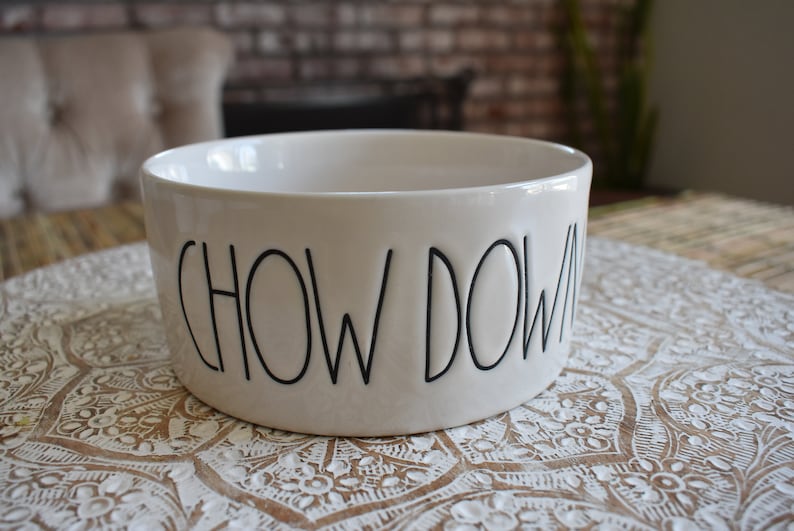 Rae Dunn Chow Down Ceramic White Pet Bowl, Dog Food Bowl, Cat Food Bowl ...