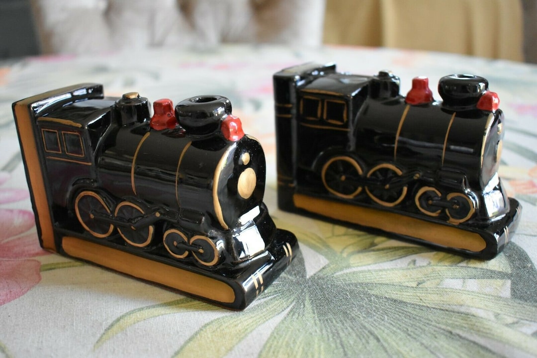 Vintage Mid Century Set of Two Ceramic Black Train Book Ends Made in ...