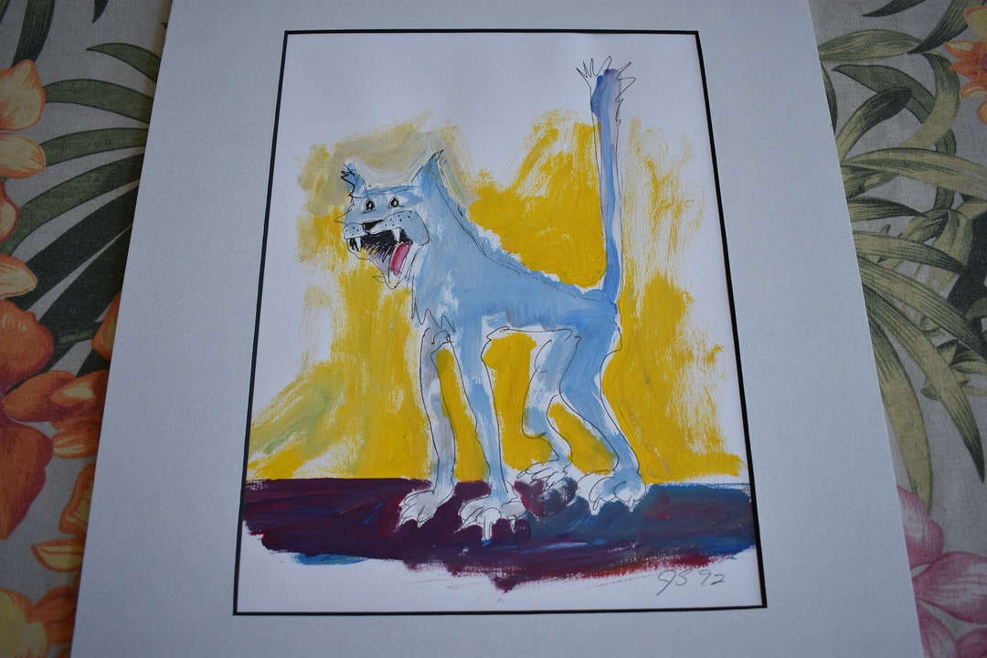 Signed John Sumner, Abstract Cat Painting on Paper 1992, Kitten Artwork ...