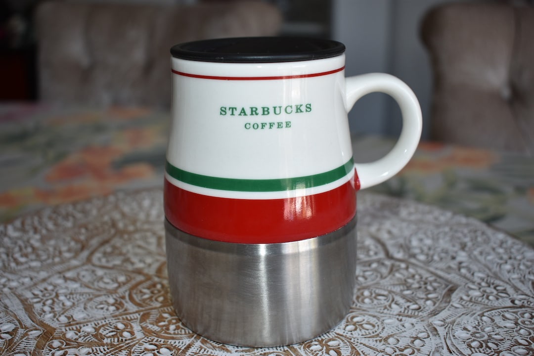 Starbucks Red Green Striped Lidded Travel Coffee Tea Mug 14 Oz ...