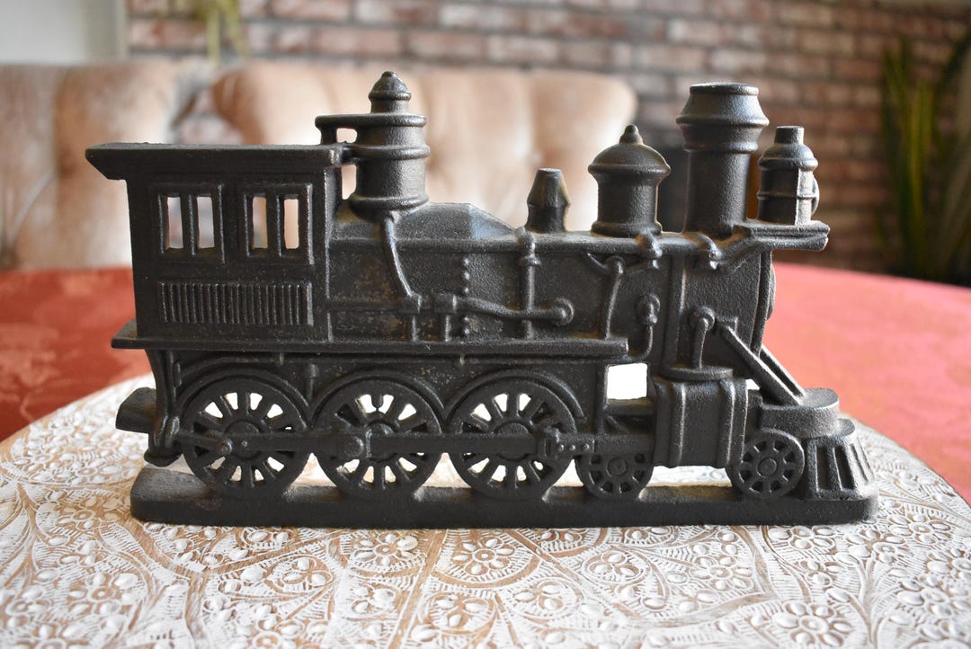Vintage MSR Black Cast Iron Train Engine Locomotive Door Stop 10-3/8 ...