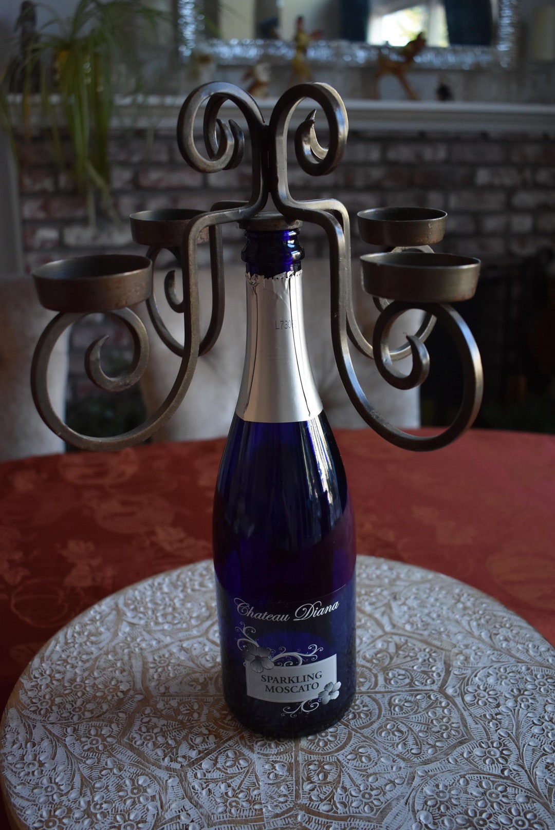 Vintage Metal Wine Bottle Candelabra Scroll Votive Tea Lights Candle ...