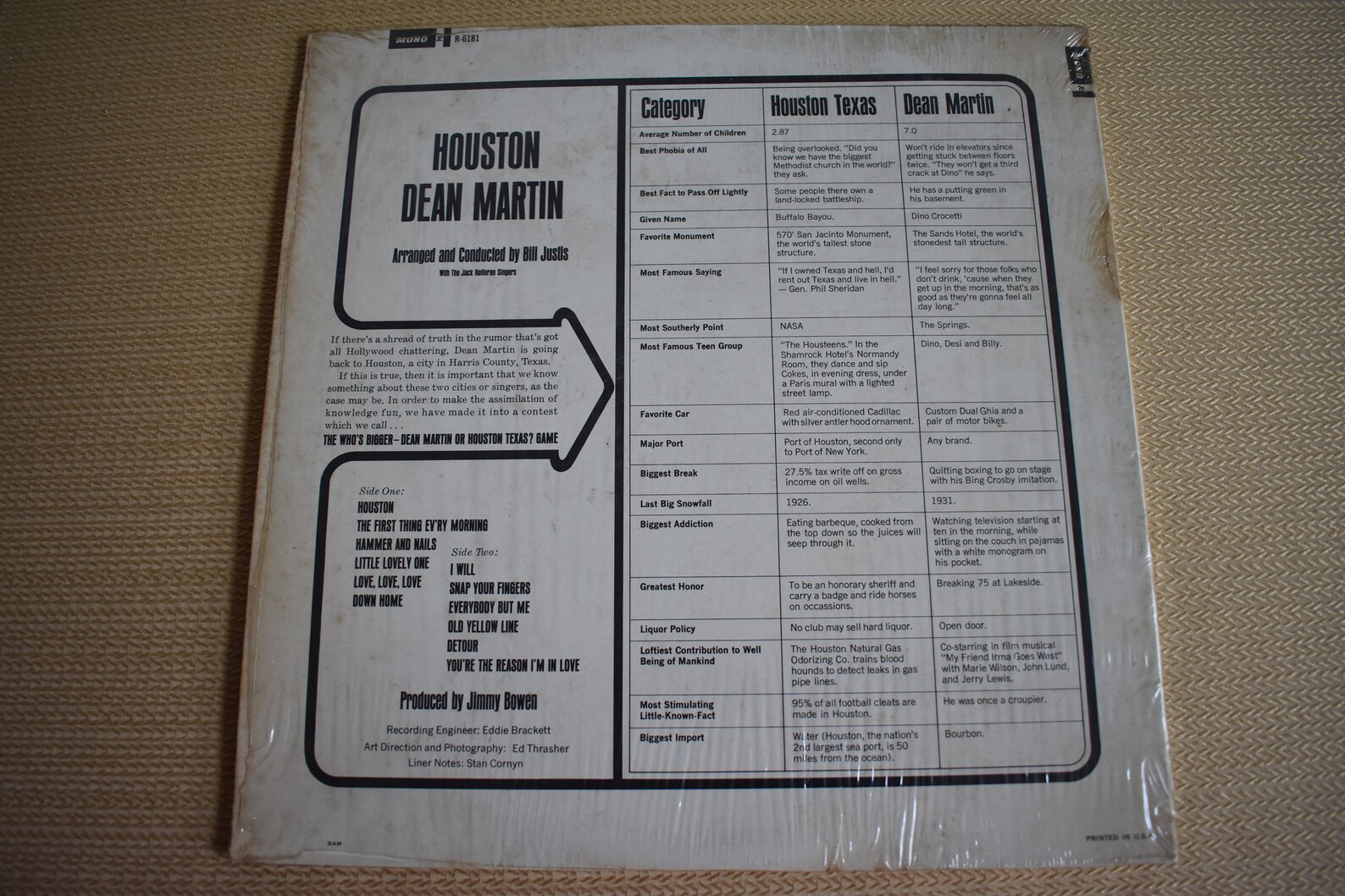 Dean Martin Houston Vinyl 33 LP Pop Music Vintage Vinyl Record Album ...