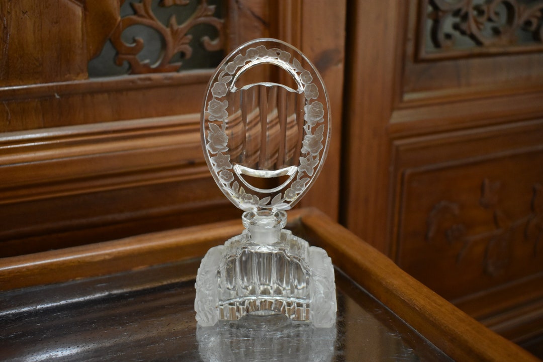 Vintage Clear Glass Etched Rose Design Perfume Bottle by Unknown Mfg ...