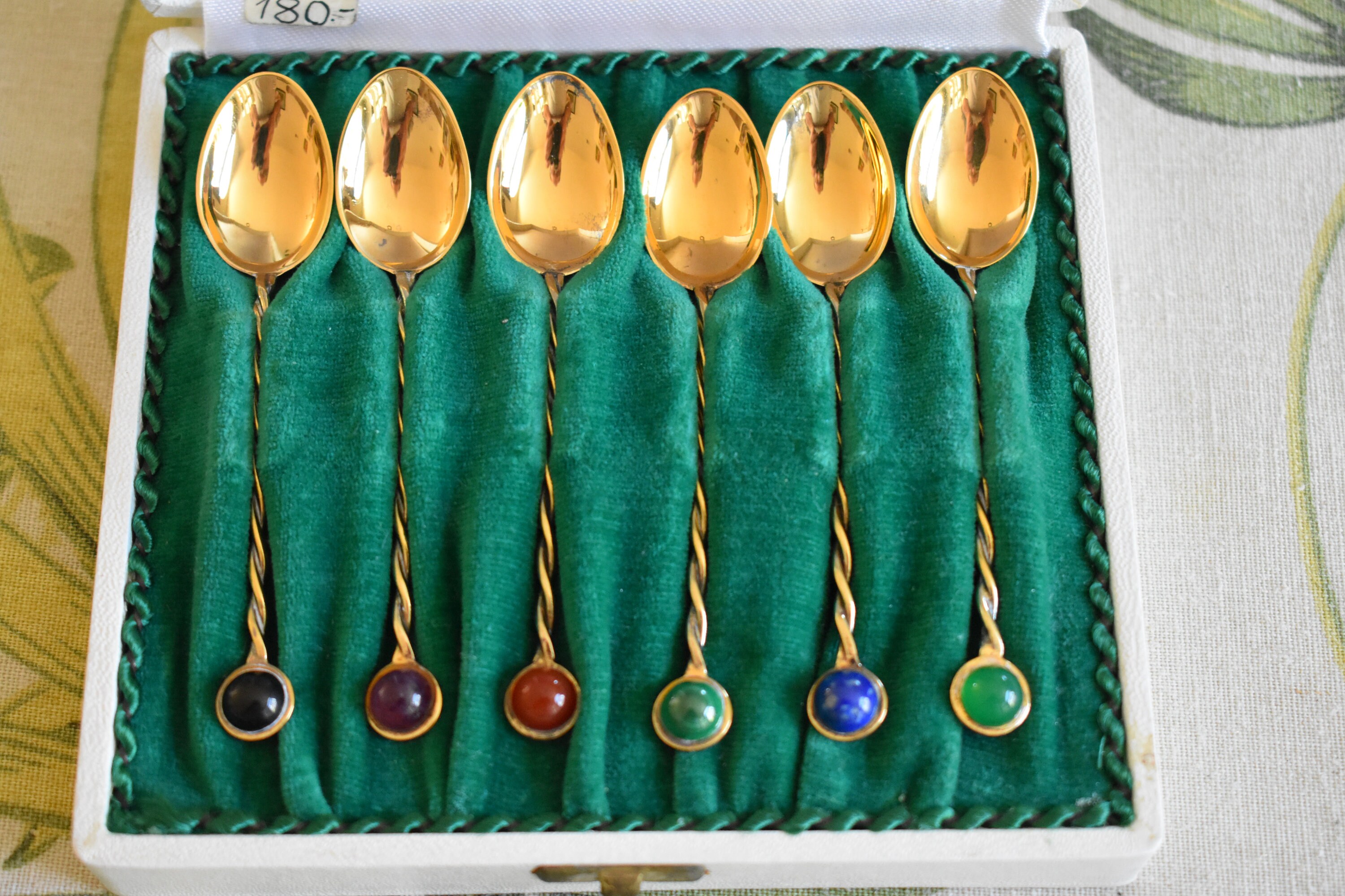 Set of 6 Vintage .925 Sterling Gold Plated Tea Spoons with Gem Stones ...