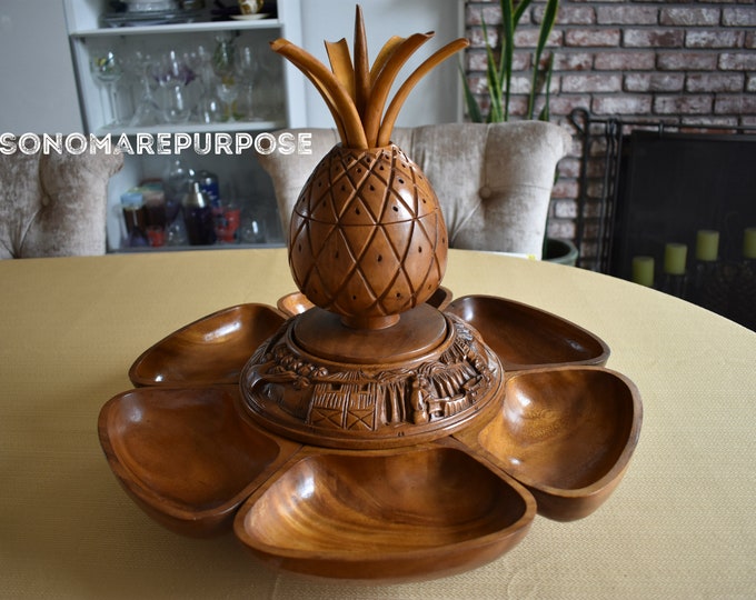 Vintage Lazy Susan Monkey Pod Teak Pineapple Hawaiian TIKI 1 Tier ...